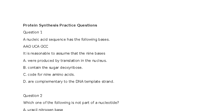 Biology 101: Exam Practice Questions on Protein Synthesis & Genetics ...