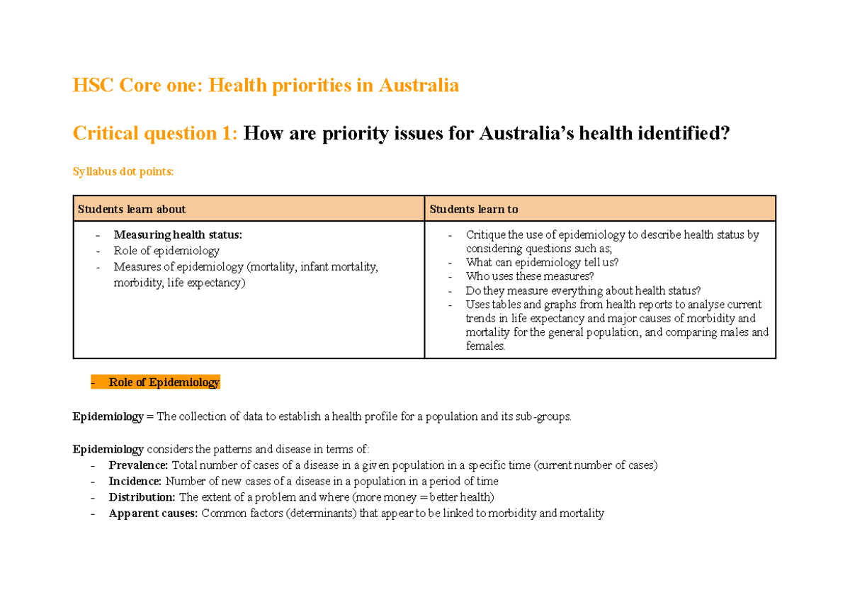 HSC PDHPE Core One - Health Priority Issues in Australia Summary - Studocu