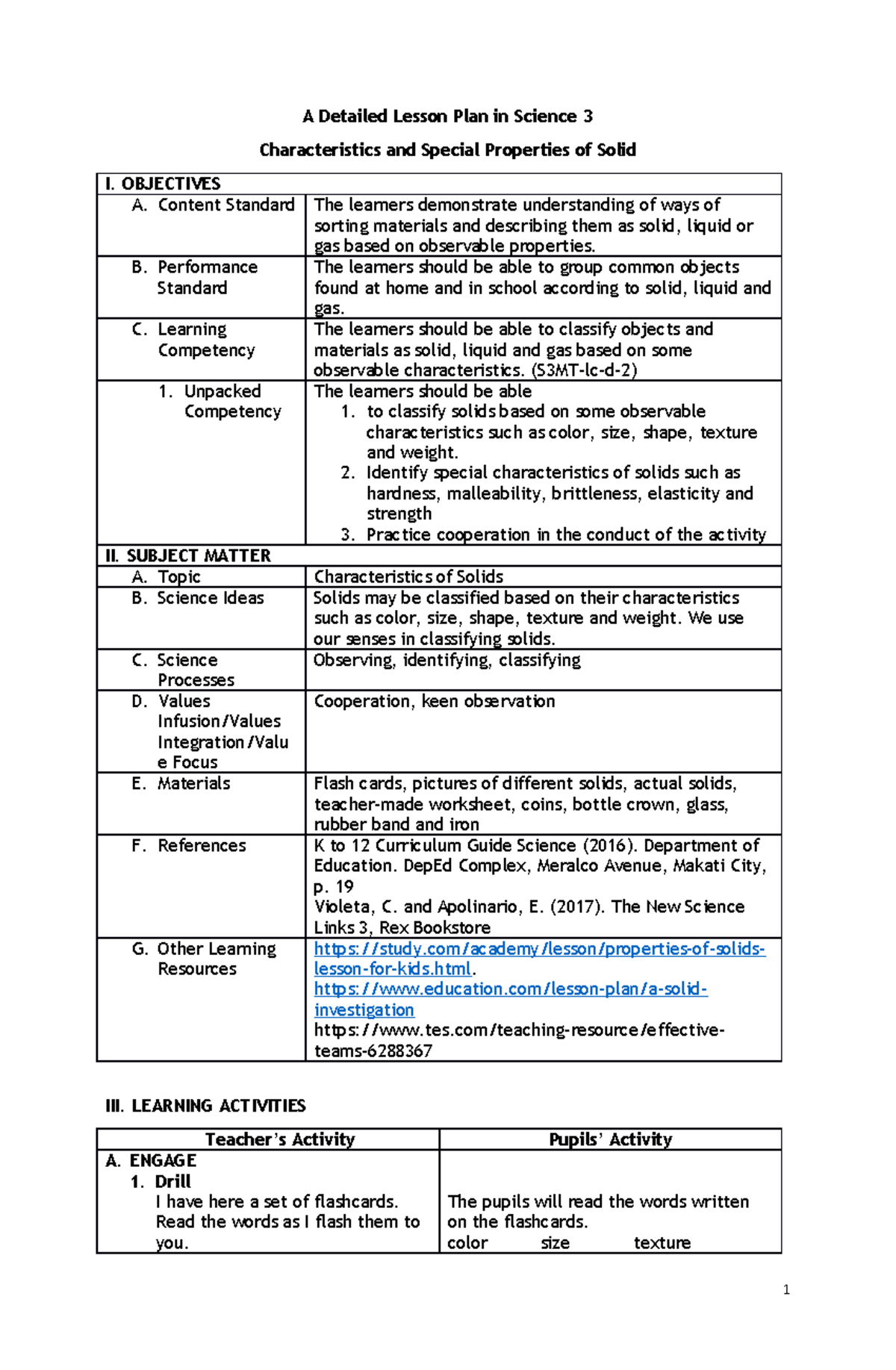 Science 3 Lesson Plan: Characteristics & Special Properties of Solids ...