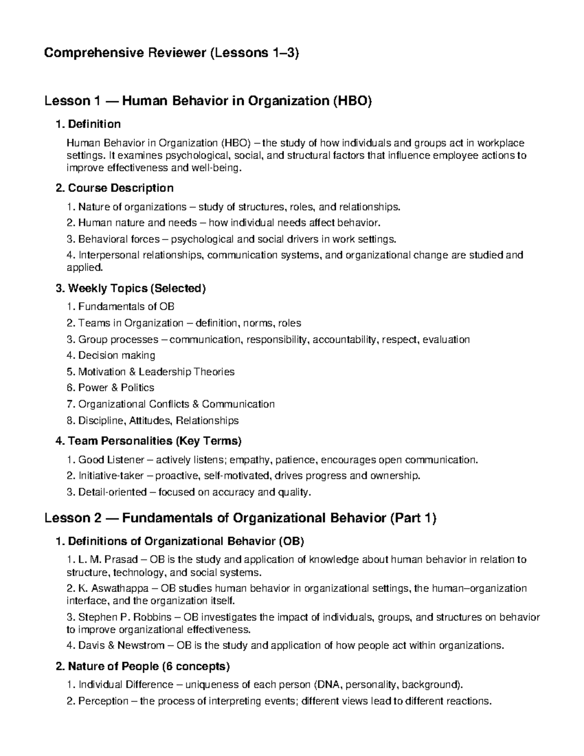 HBO 1-3 Final Reviewer: Human Behavior in Organizations Insights - Studocu