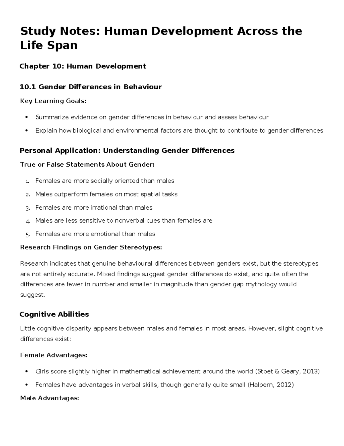 Study Notes: Human Development Across the Life Span (PSY 101) - Chapter ...