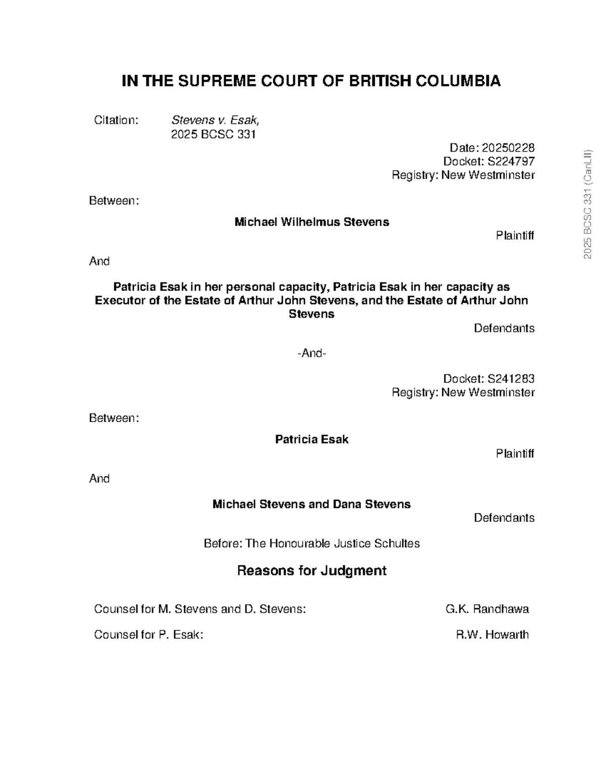 2025 BCSC 331: Stevens v. Esak - Trial Overview and Judgment Analysis ...