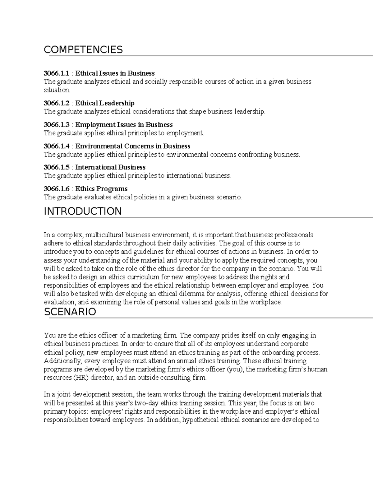 Business Ethics Scenario Task #2 - COMPETENCIES 3066.1 : Ethical Issues ...