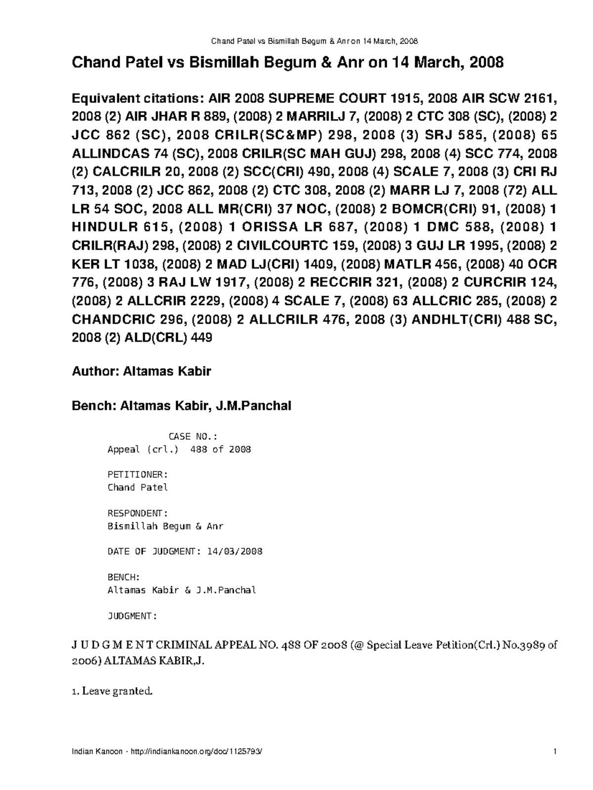 Chand Patel vs Bismillah Begum Anr: Supreme Court Judgment Analysis ...