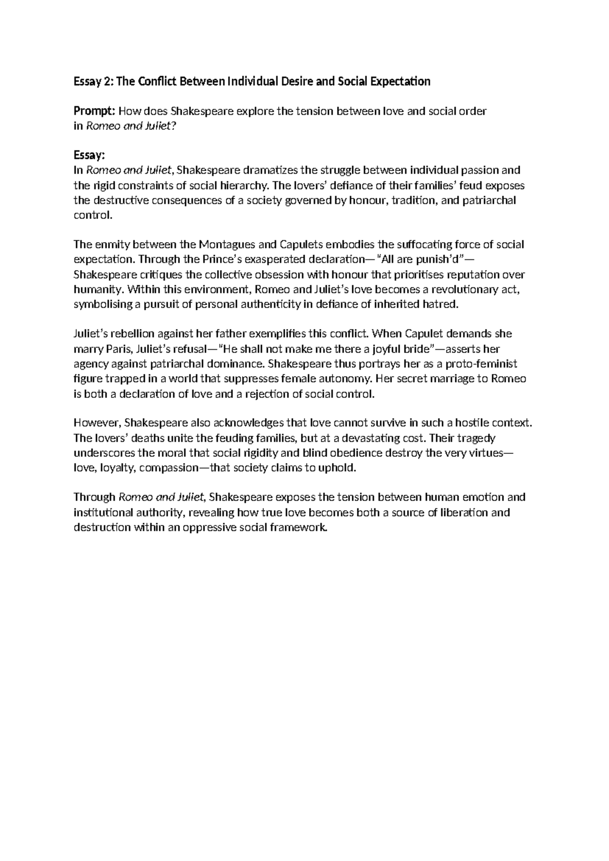 Essay 2: Individual Desire vs. Social Expectation in Romeo and Juliet ...