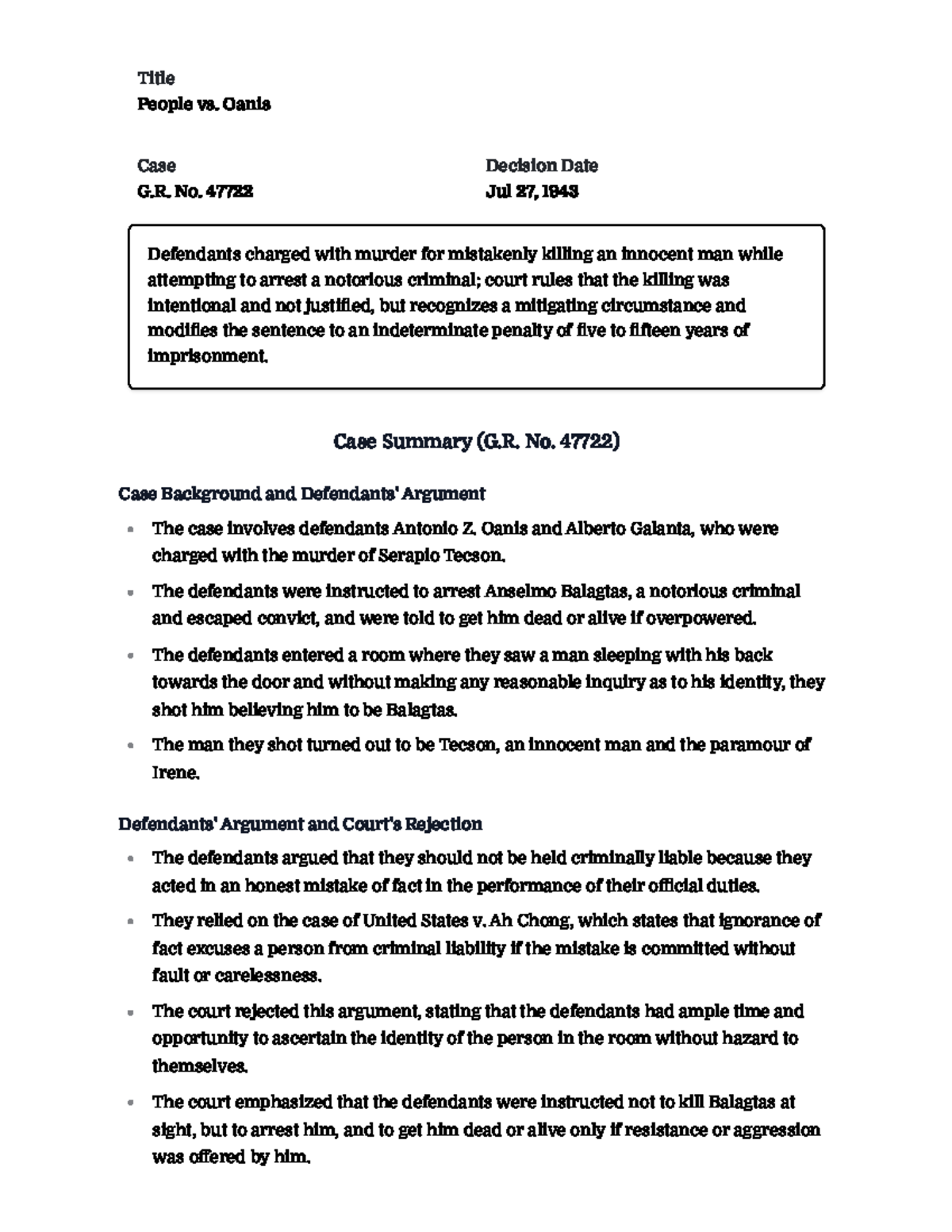 Case Summary G.R. No. 47722 - People vs. Oanis (Murder Charge Analysis ...