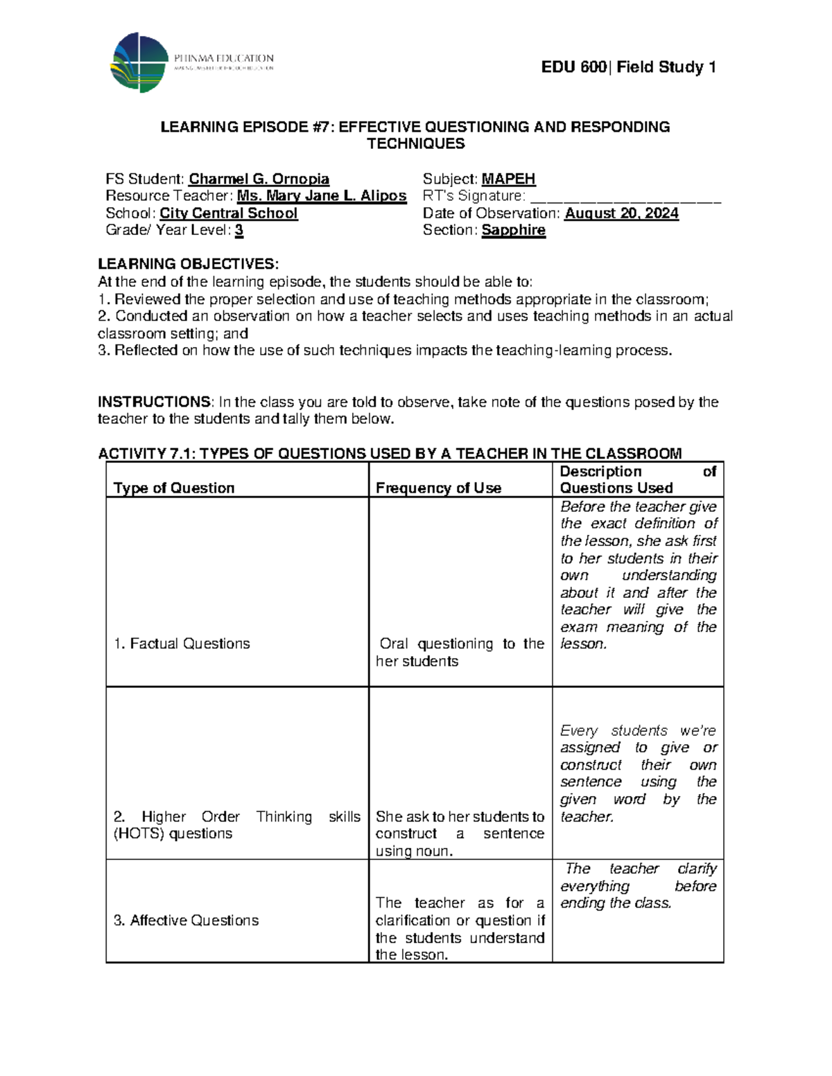 EDU 600 P2 LE 7 - Effective Questioning & Responding Techniques in ...