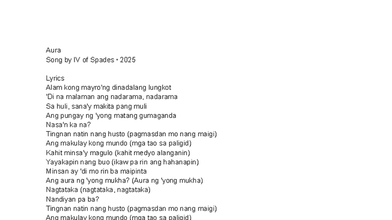 Aura Song IV of Spades 2025 Lyrics Analysis - Studocu