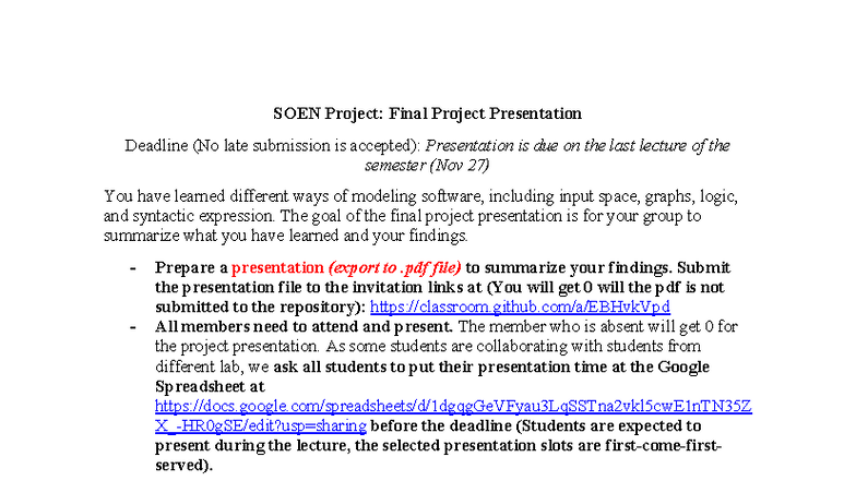 SOEN 345: Final Project Presentation Guidelines and Deadline - Studocu