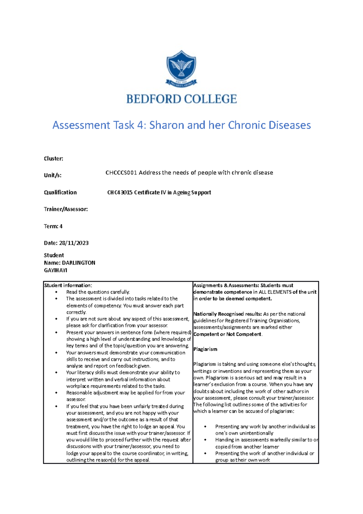 Assessment Task 4: Addressing Chronic Diseases for Sharon - CHCCCS001 ...