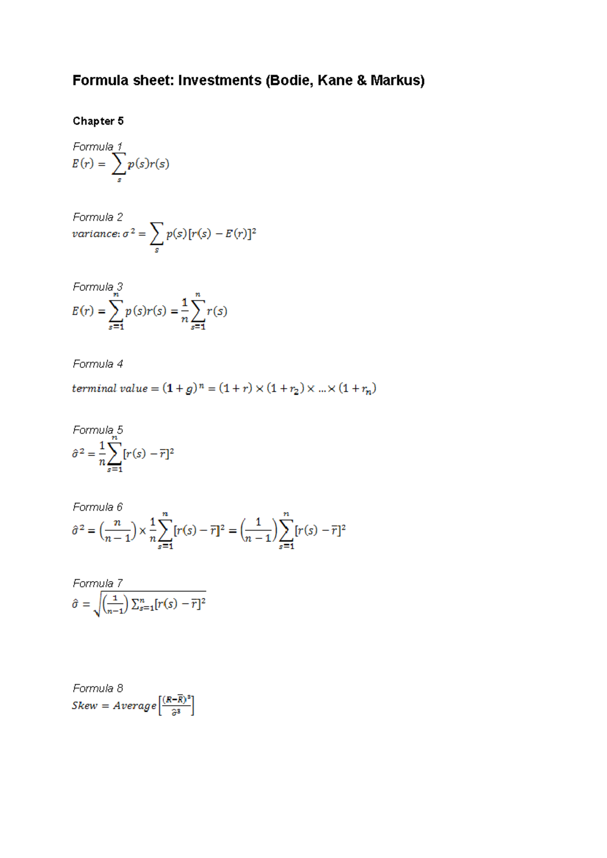 Investment Formula Sheet for Finance (BKM 2023) - Studocu