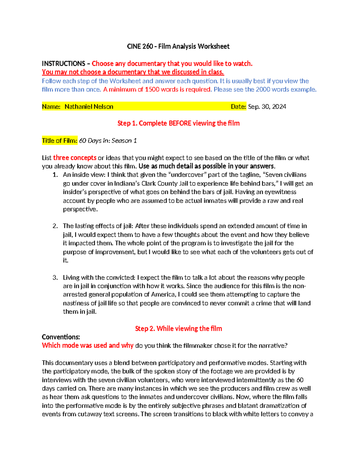 CINE 260 - Documentary Analysis: Worksheet 2 on 60 Days In - Studocu