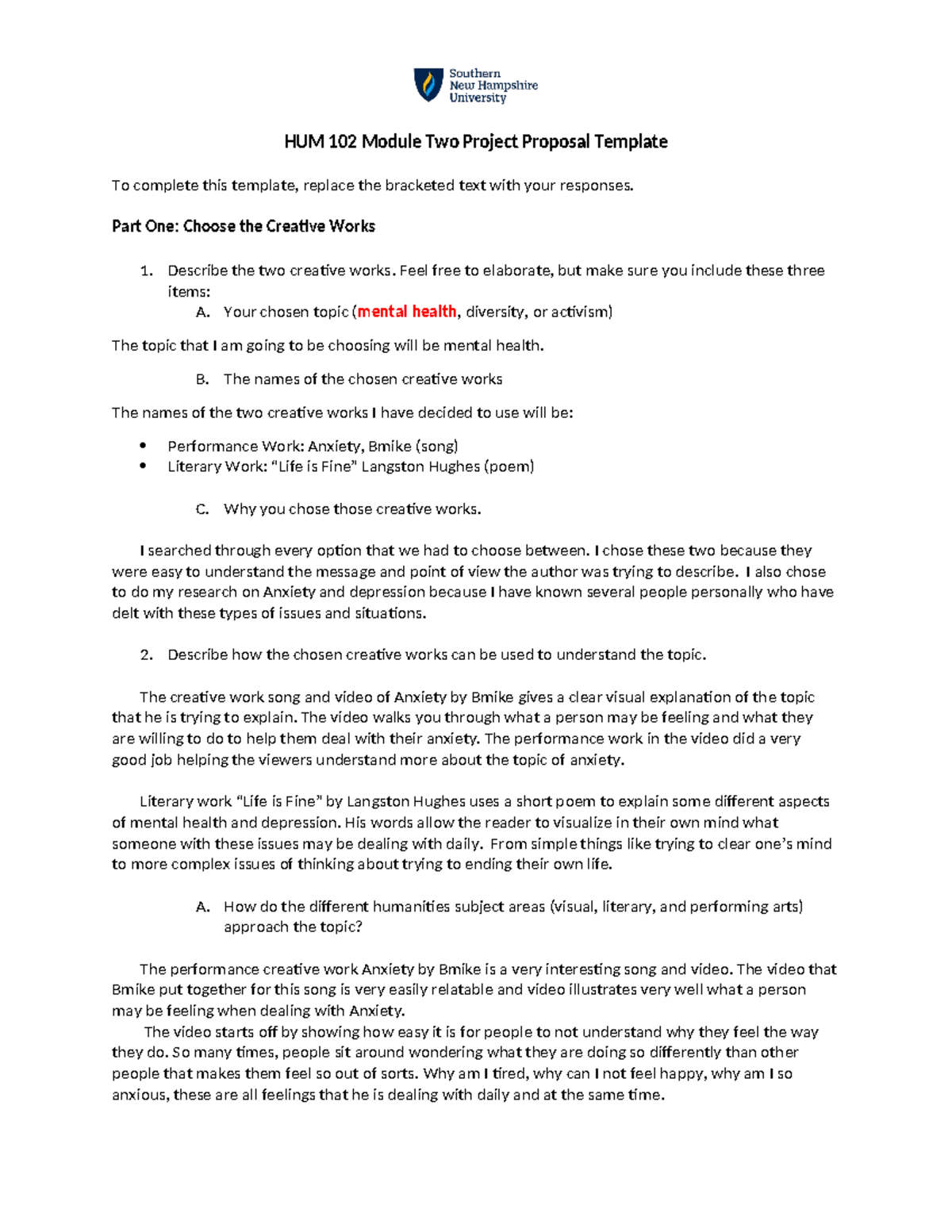 HUM 102 Project Proposal: Exploring Mental Health Through Creative Works - Studocu