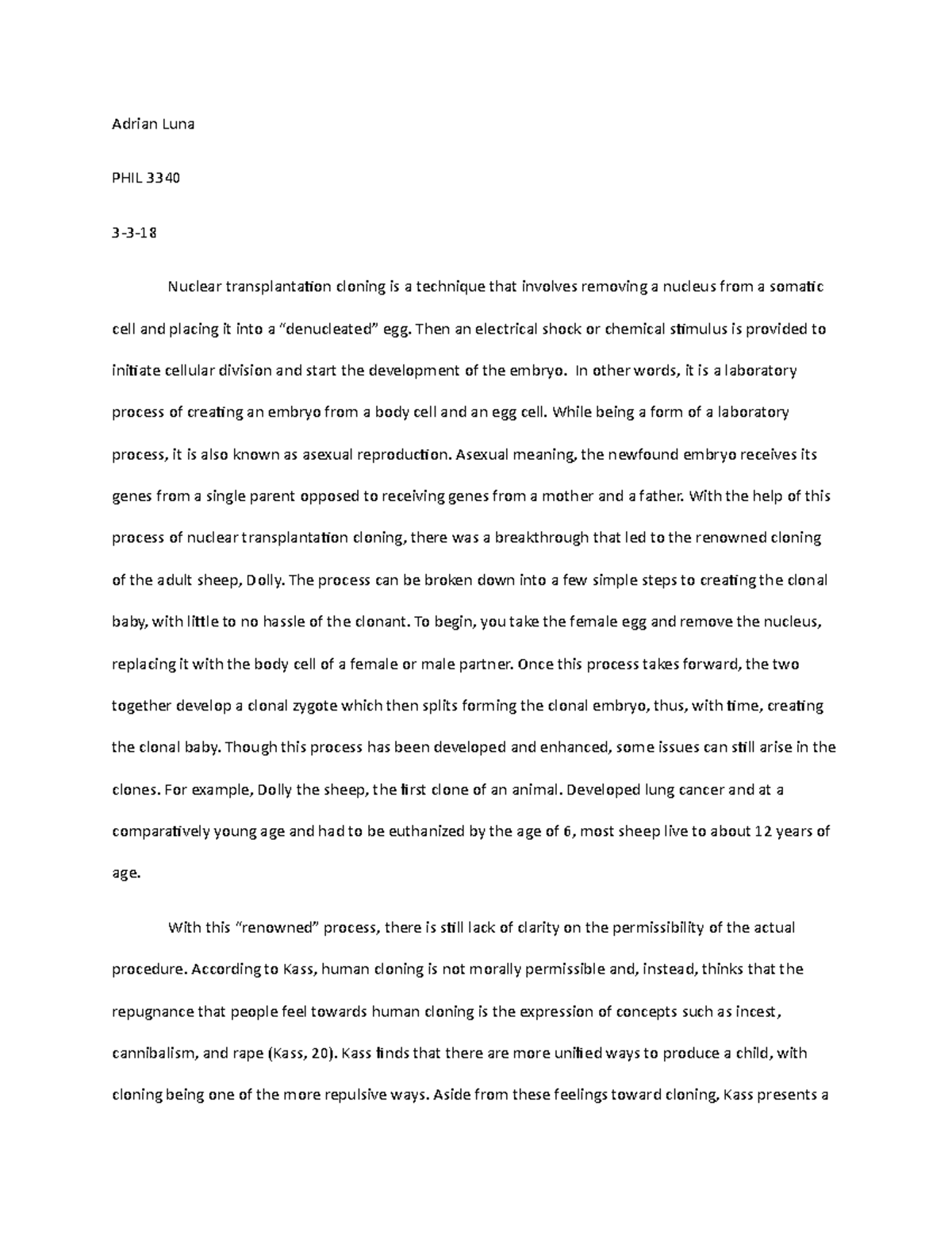 Cloning paper - in-depth summary of cloning - Adrian Luna PHIL 3340 ...