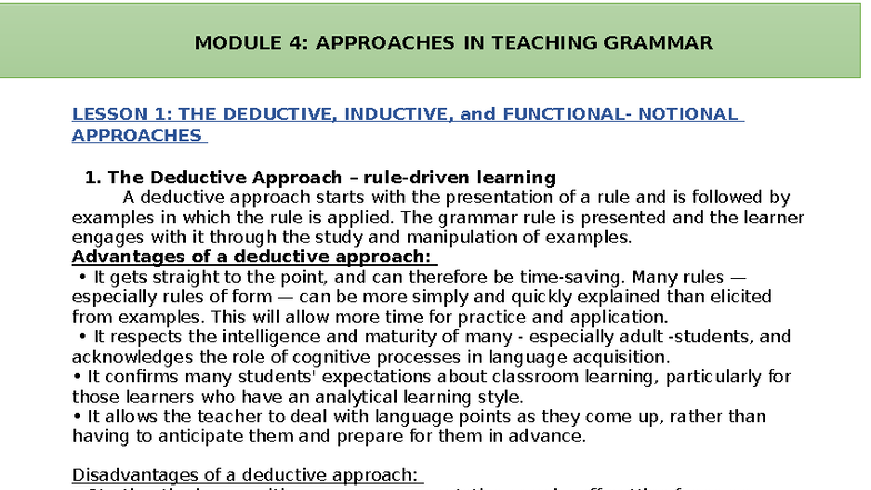 MODULE 4: TEACHING GRAMMAR - DEDUCTIVE, INDUCTIVE & NOTIONAL APPROACHES ...