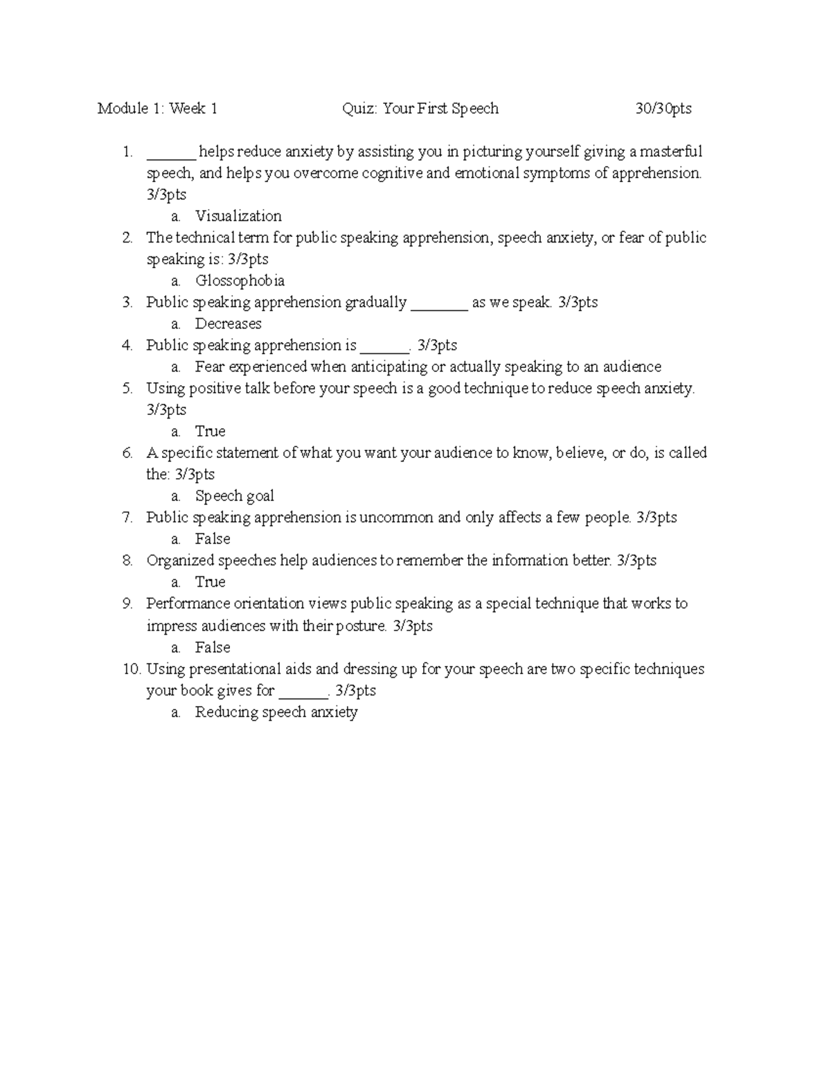 Quiz: Your First Speech - Module 1 Week 1 Summary 30/30pts - Studocu