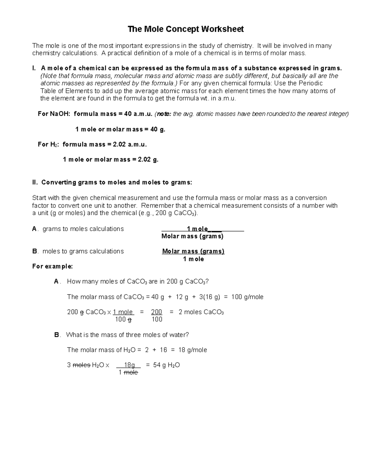 Mole Chemistry Worksheet