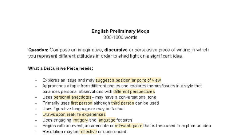 English Preliminary Mods: Discursive Writing on Nostalgia and Change ...
