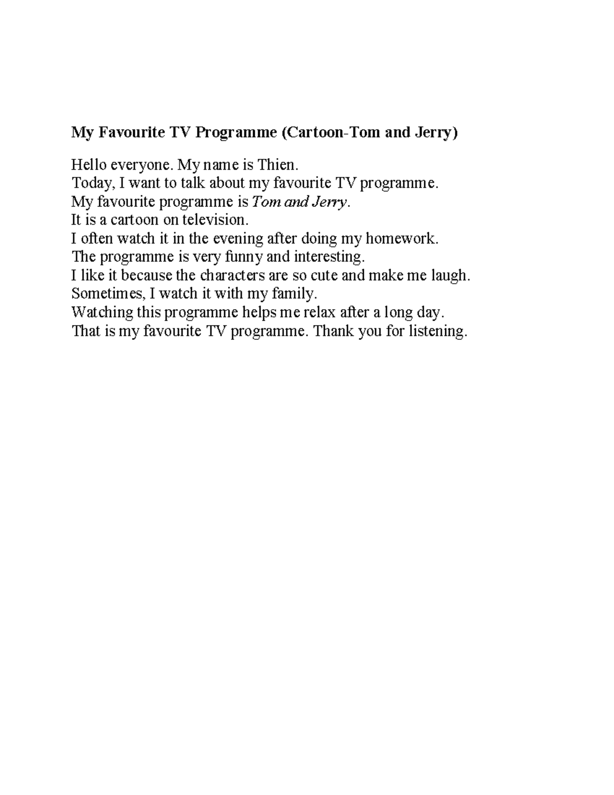 My Favourite TV Programmes: Tom and Jerry, Doraemon, and More - Studocu