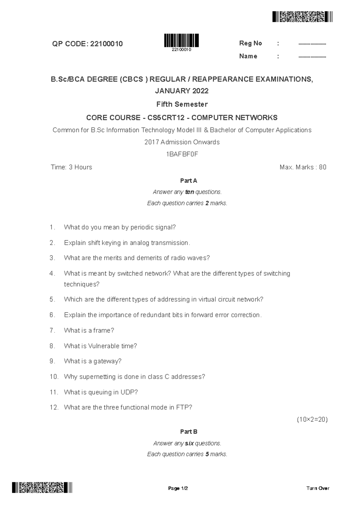 Computer Networks - previous year question papers - QP CODE: 22100010 ...