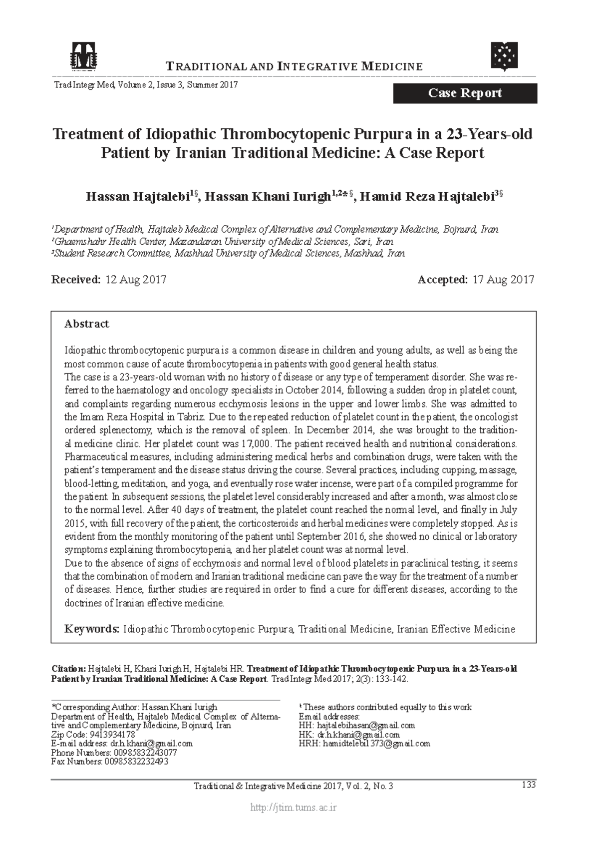Case Report: Treatment of ITP with Iranian Traditional Medicine (Trad ...