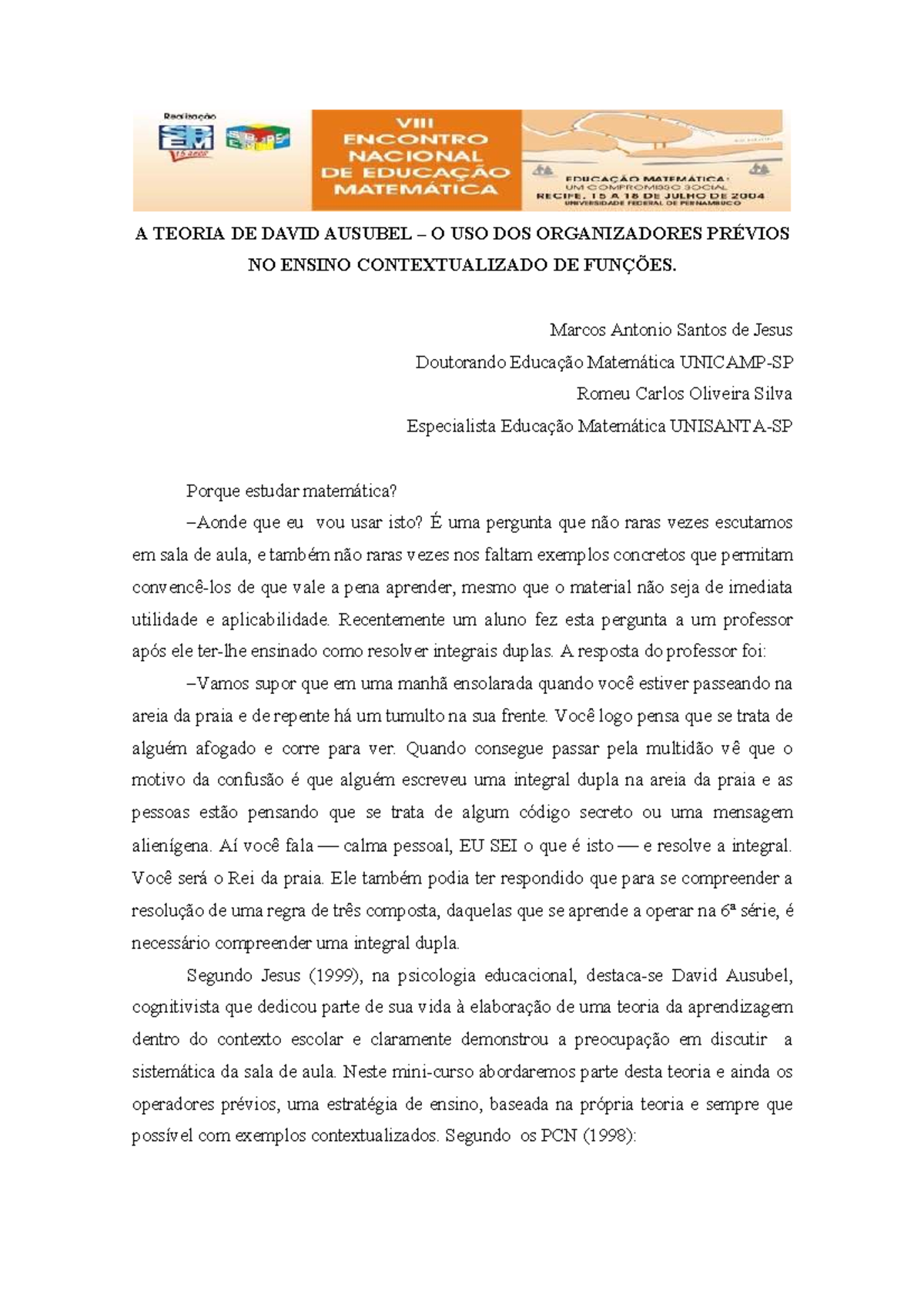 A Teoria de David Ausubel e Organizadores Prévios no Ensino de Funções ...