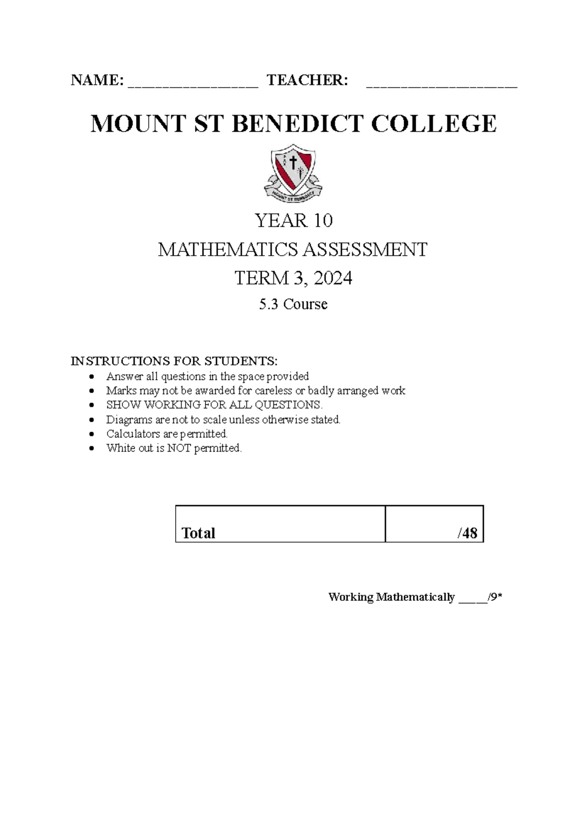 Year 10 Mathematics Assessment - Term 3, 2024 - Studocu