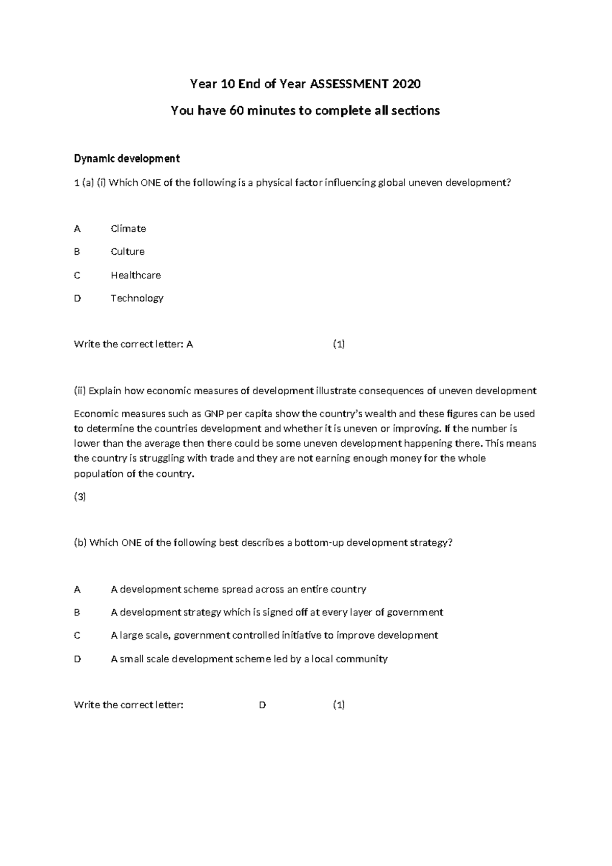 Year 10 Dynamic Development & Global Hazards Assessment 2020 - Studocu