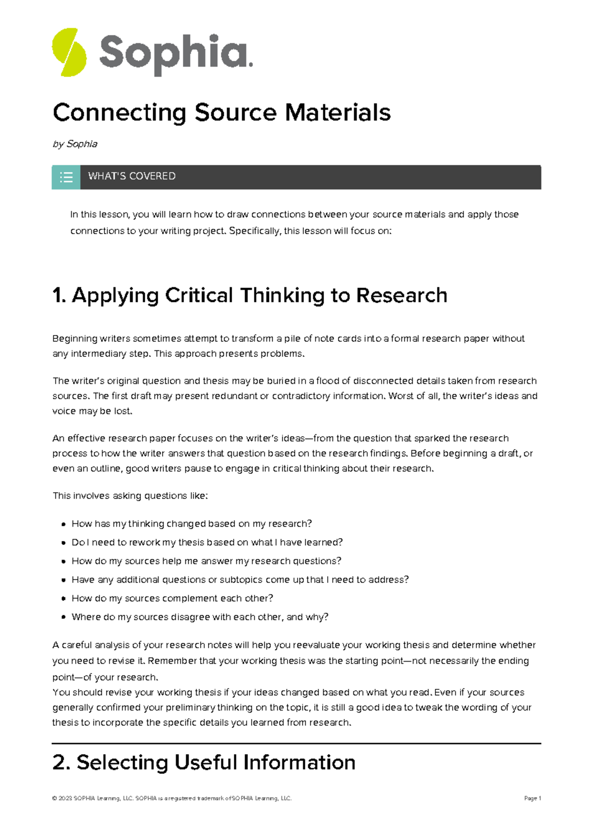 Connecting source materials - Connecting Source Materials by Sophia In this lesson, you will ...