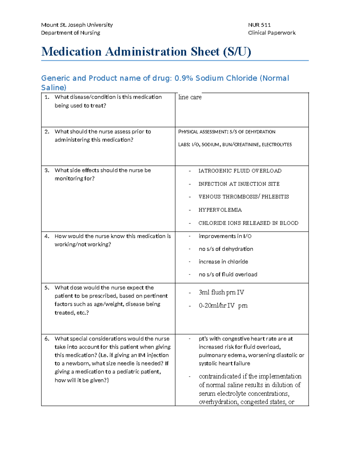 NUR 511 Medication Sheet: 0% Sodium Chloride (Normal Saline) Guide ...