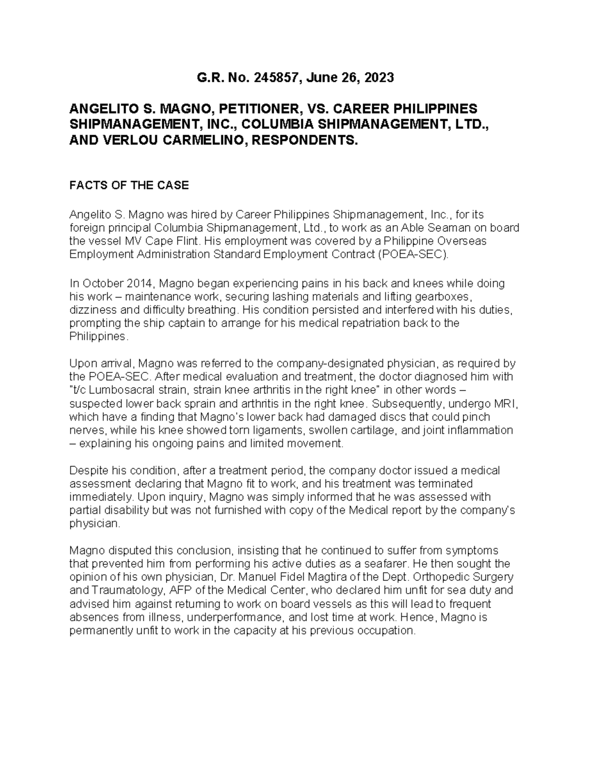 G.R. No. 245857: Angelito S. Magno vs. Career Philippines ...