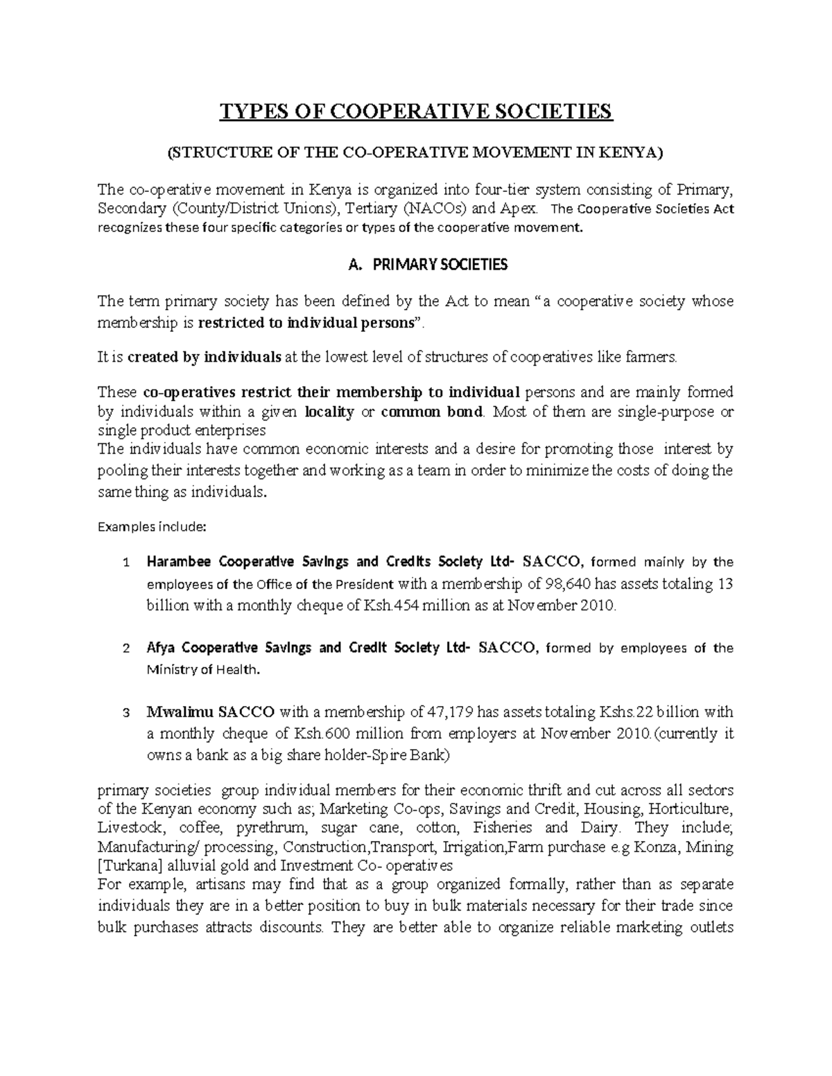 Types of Cooperative Societies in Kenya: Structure & Functions - Studocu