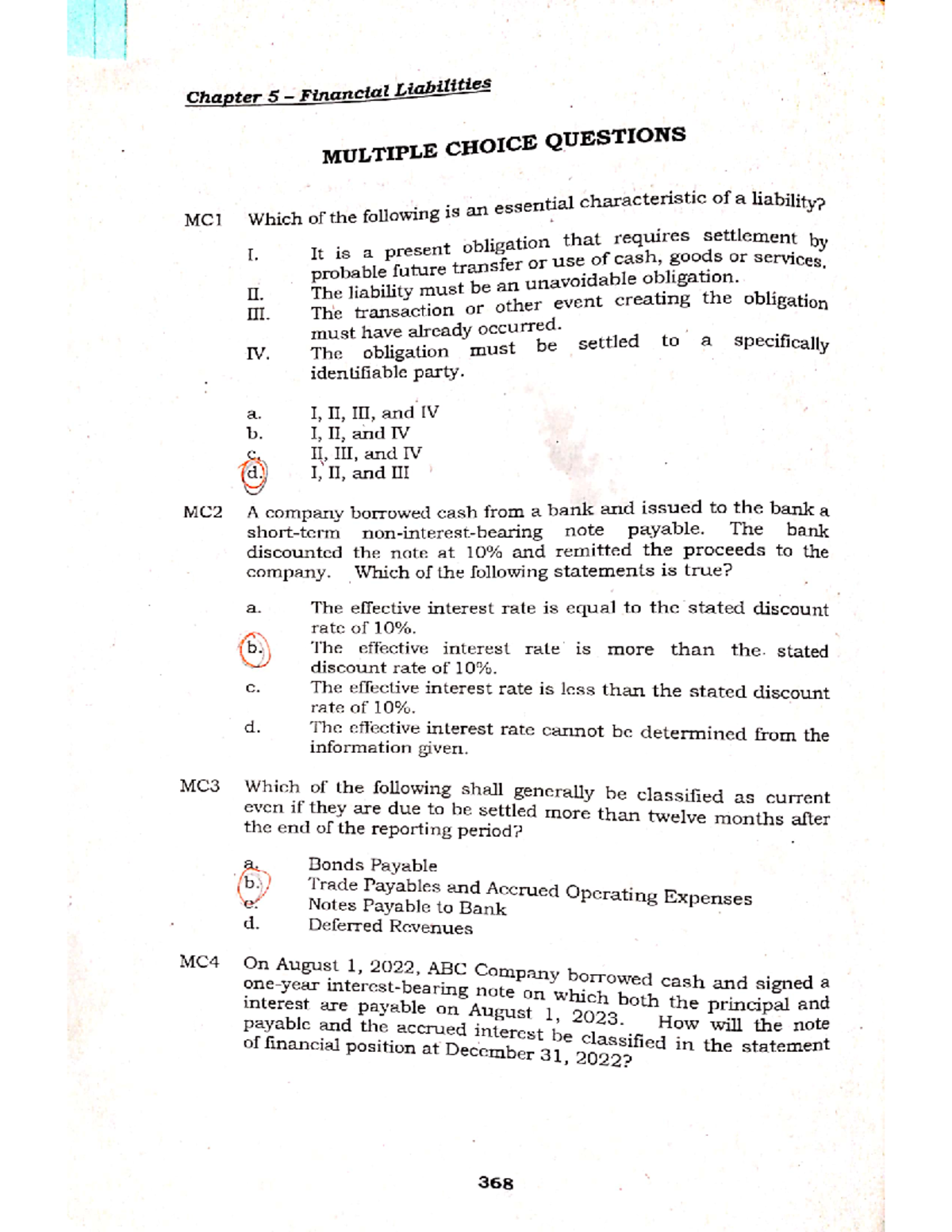Chapter 5: Financial Liabilities - Multiple Choice Questions (MCQ) Review - Studocu