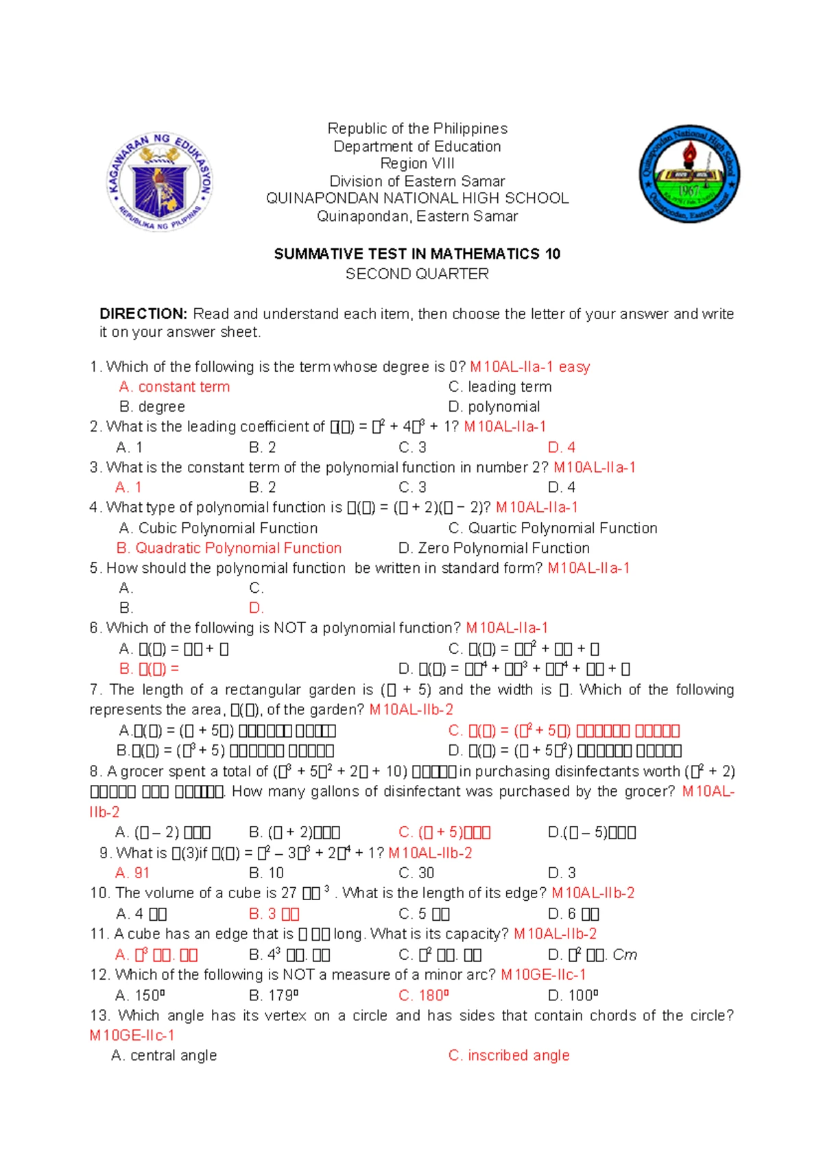 Summative Exam in Grade 10 Math Quarter 4 - Republic of the Philippines ... Summative Exam in Grade 10 Math Quarter 4 - Republic of the Philippines ...