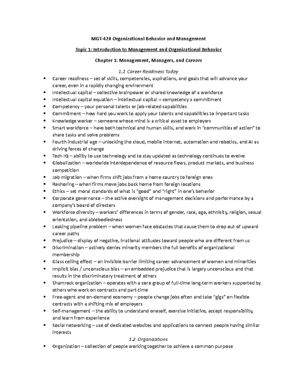 MGT-420 Organizational Behavior Notes: Key Concepts and Theories - Studocu
