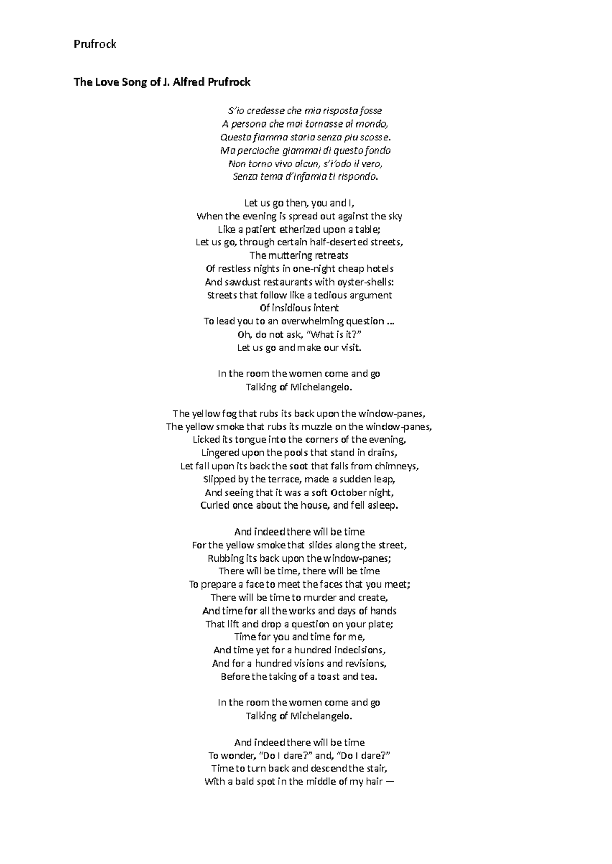 The Love Song of J. Alfred Prufrock - Eliot notes - The Love Song of J ...