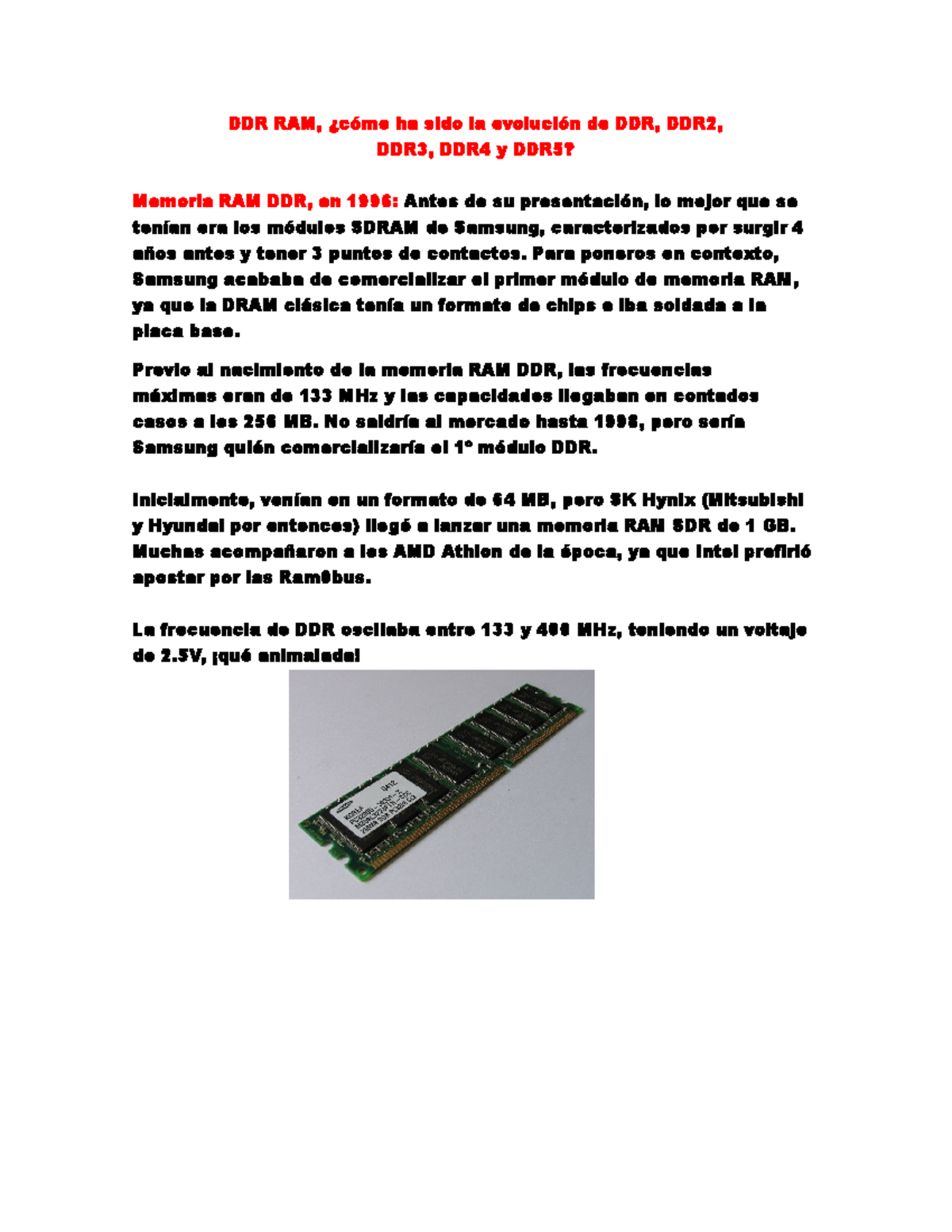 Evolución de la Memoria DDR RAM: De DDR a DDR5 - cxxc - Studocu