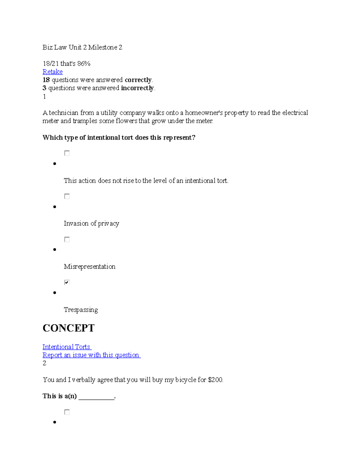 Biz Law Unit 2 Milestone 2 - Biz Law Unit 2 Milestone 2 18/21 that's 86 ...