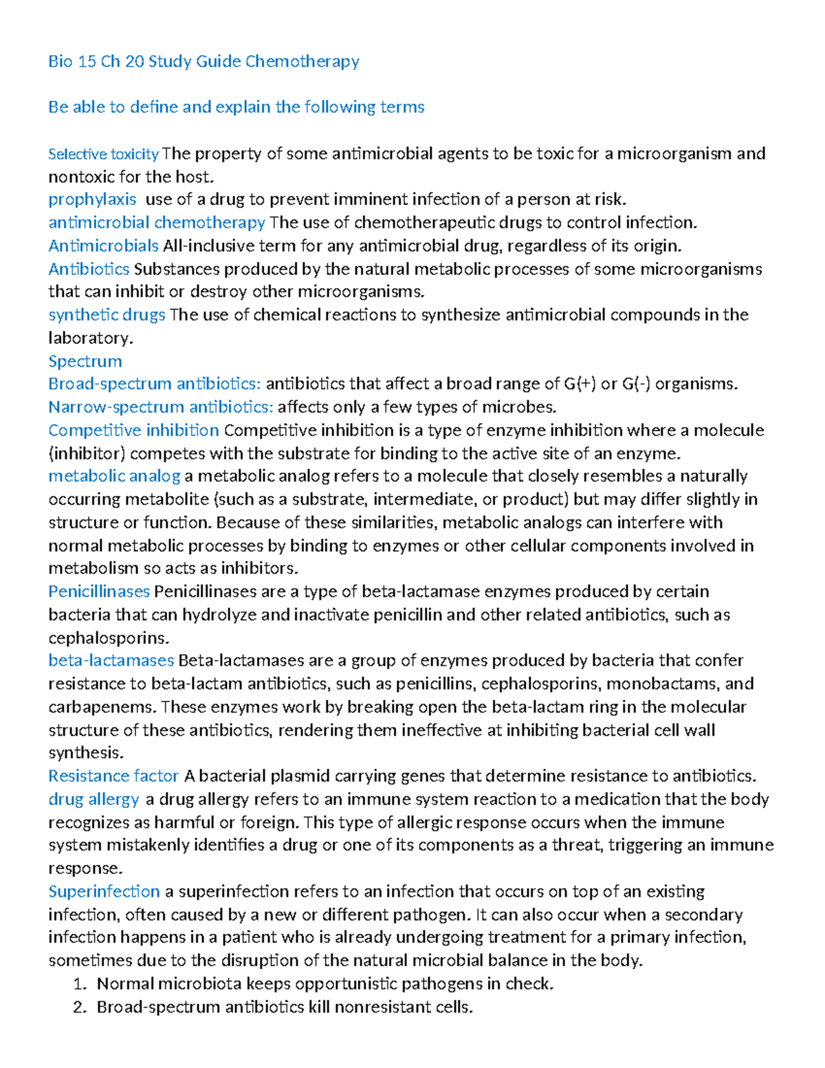 Bio 15 Ch 20 Study Guide: Key Concepts in Chemotherapy - Studocu