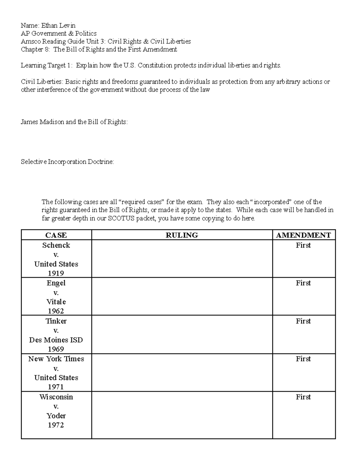 AP Government Politics Amsco Reading Guide Unit 3: Civil Rights ...