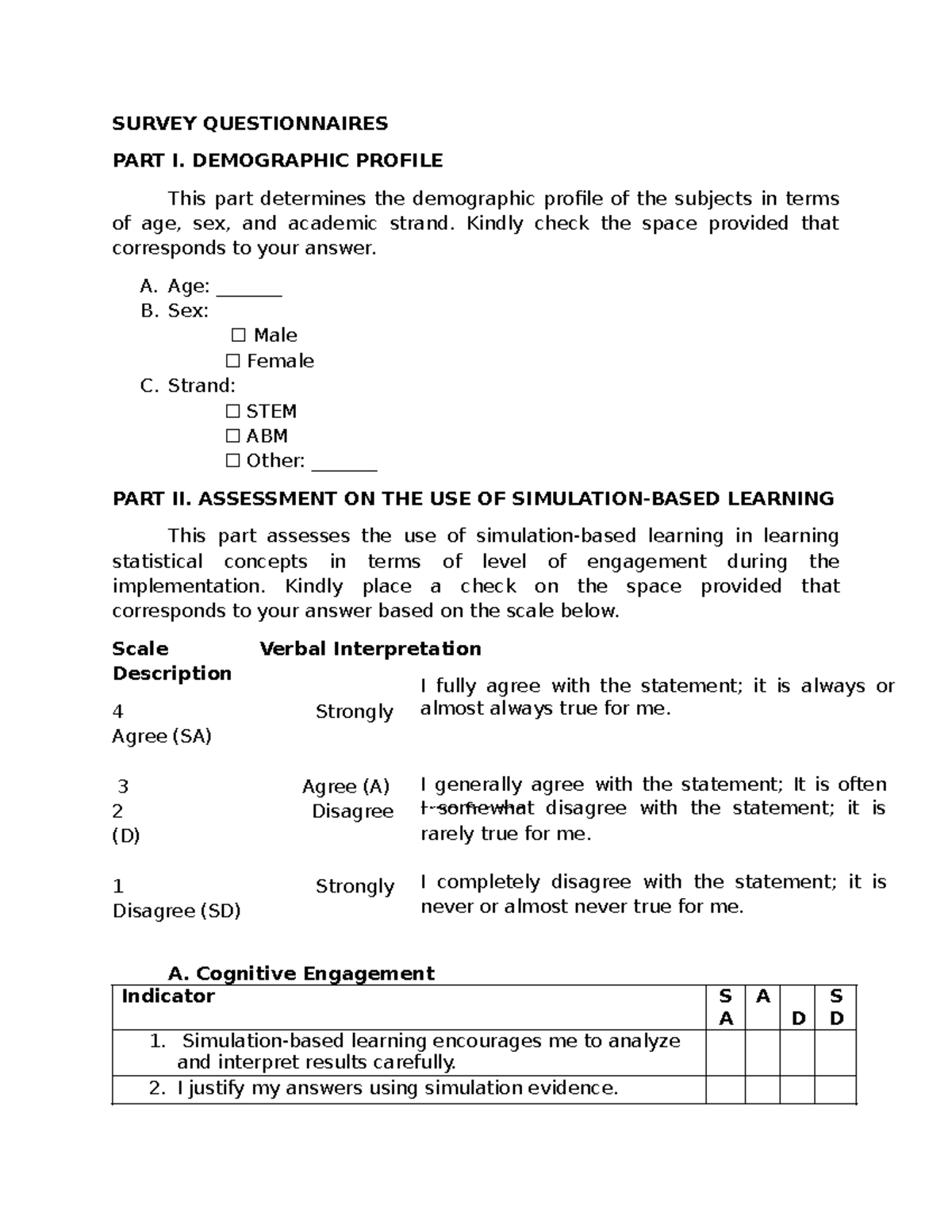 Survey Questionnaire Part I: Demographic Profile & Learning Assessment ...
