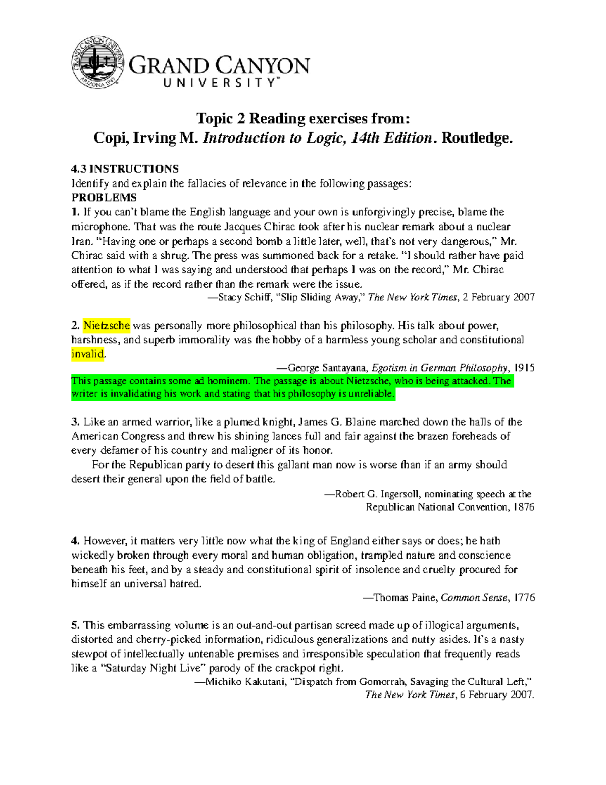 Topic Reading 2 - Topic 2 Reading exercises from: Copi, Irving M. Introduction to Logic, 14th ...