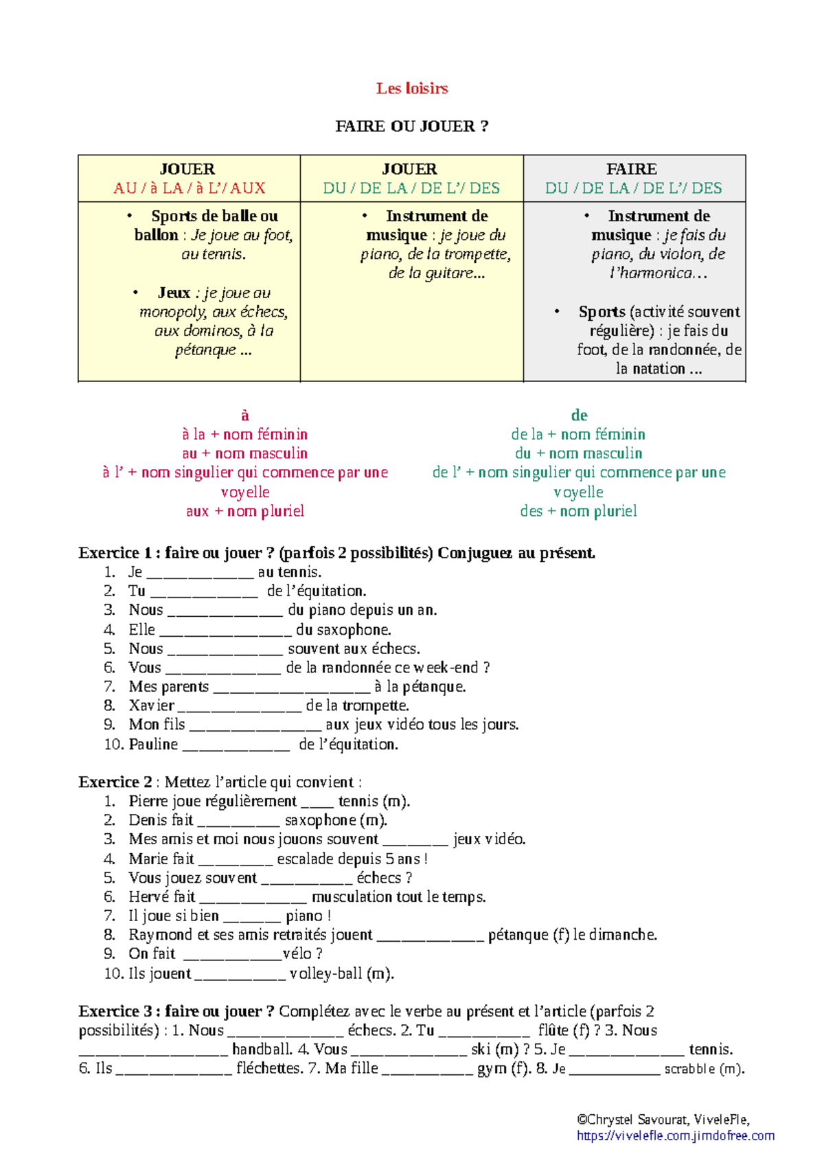 Loisirs FAIRE ou JOUER ? Exercices de Conjugaison et Pratique - Studocu