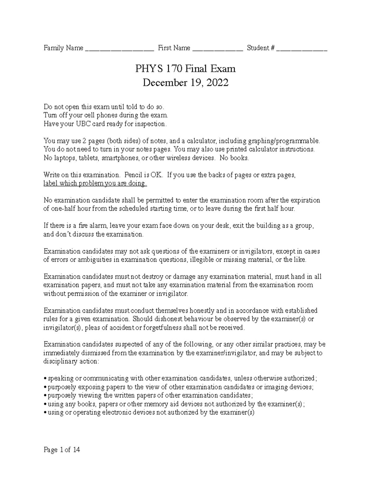 PHYS 170 Final Exam Instructions and Problem Set - Dec 2022 - Studocu