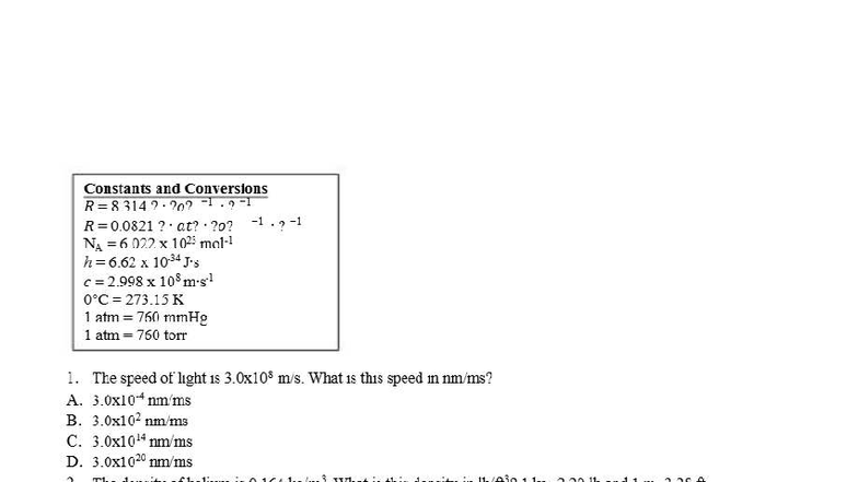 ACS Practice Exam 1 - Constants and Conversions - Studocu