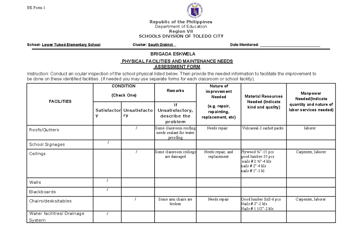 BE-Monitoring-Template: Brigada Eskwela Physical Facilities Assessment ...