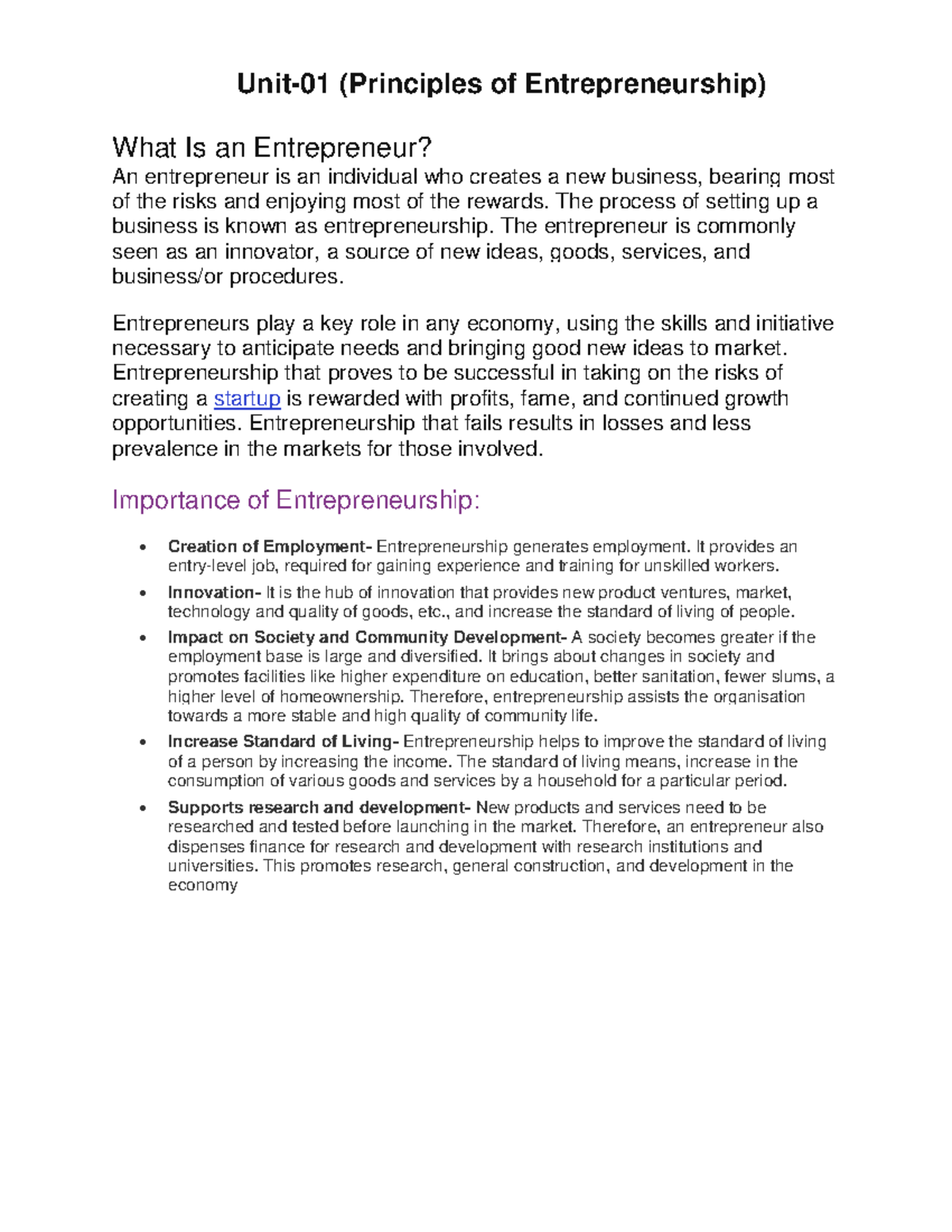 POE UNIT 1-1: Principles of Entrepreneurship - Key Concepts & Ideas - Studocu