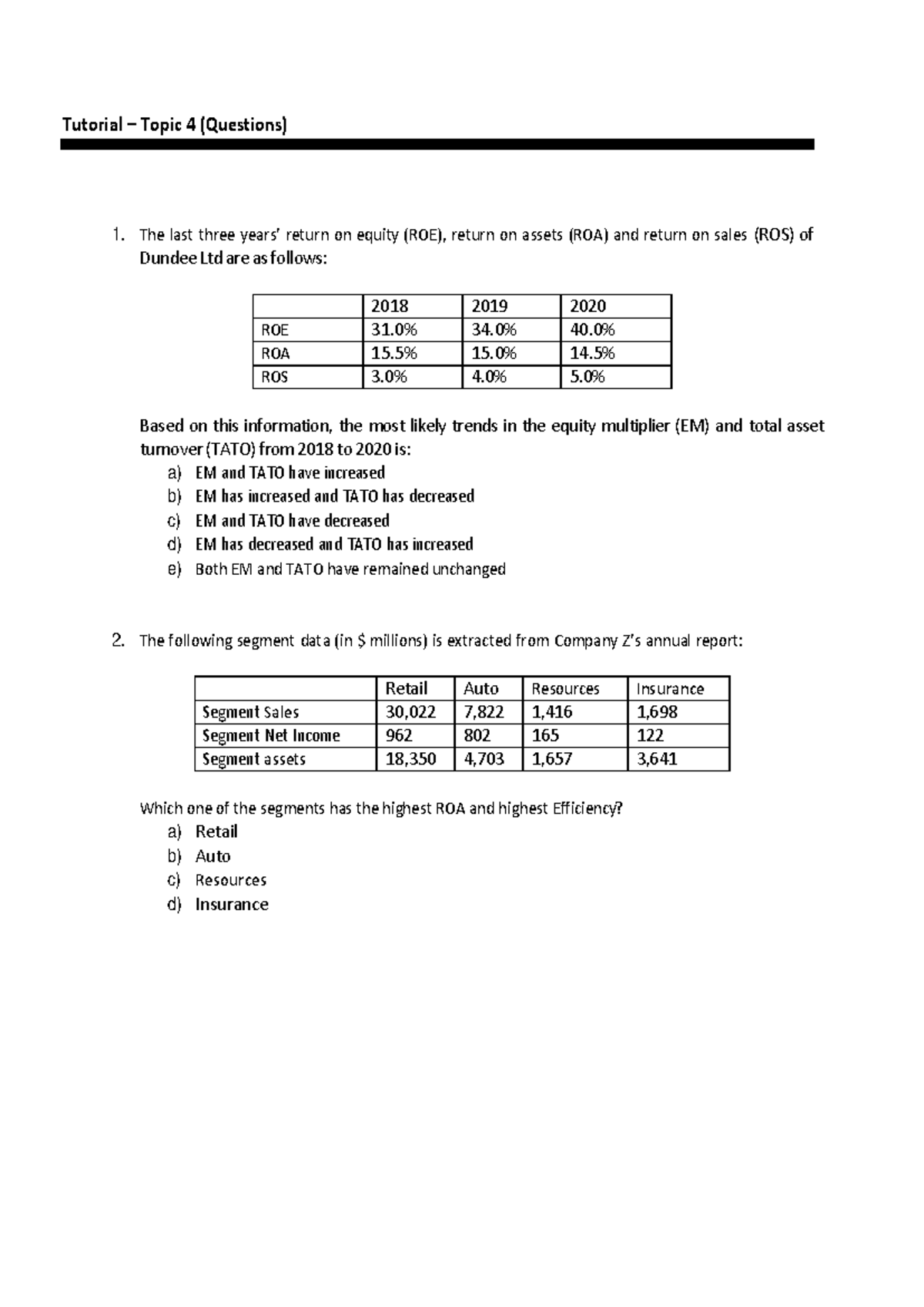 Tutorial (Q) Topic 4 – Financial Statement Analysis 2025 - Studocu