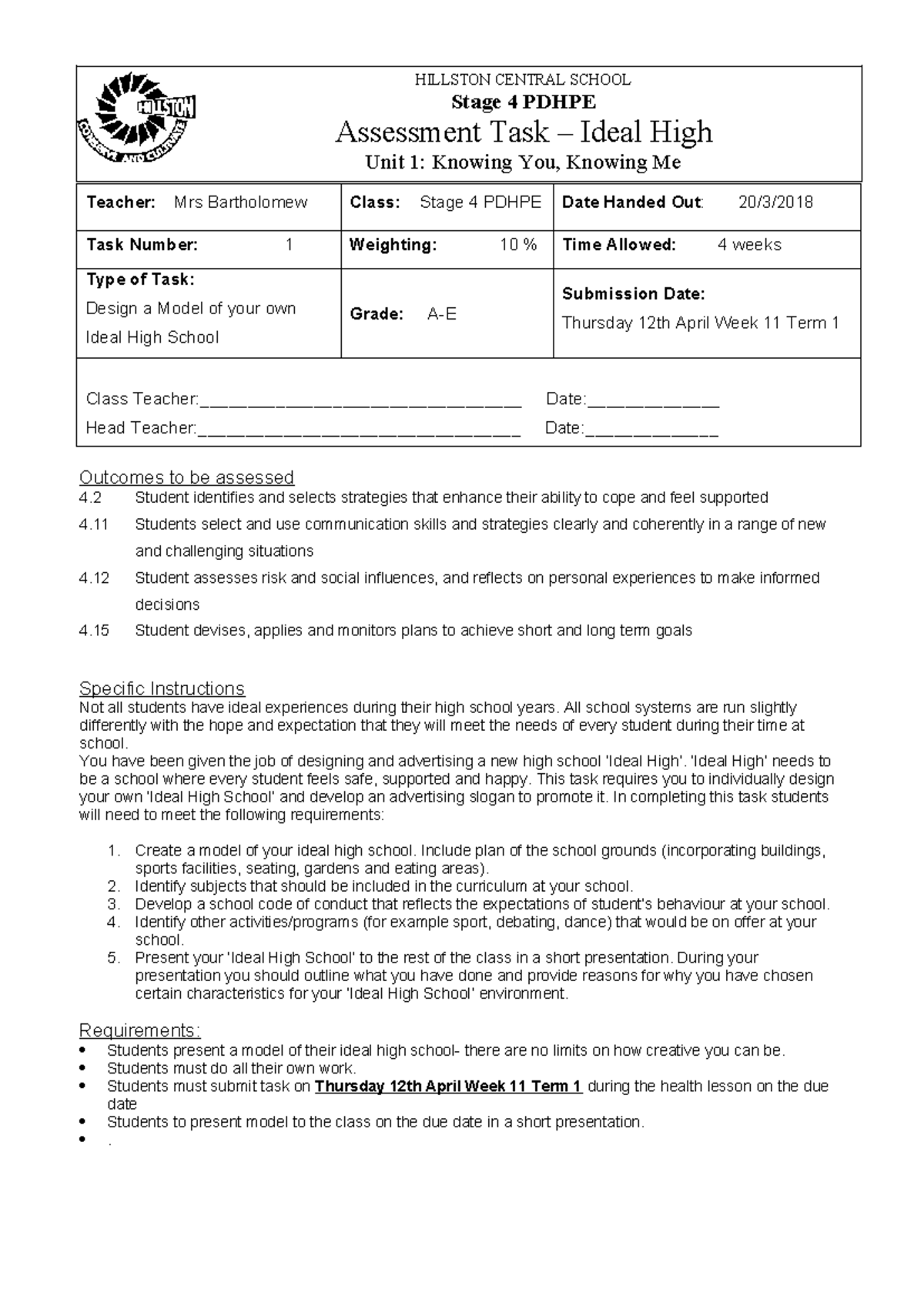 Stage 4 PDHPE Assessment Task: Ideal High School Model 2024 - Studocu