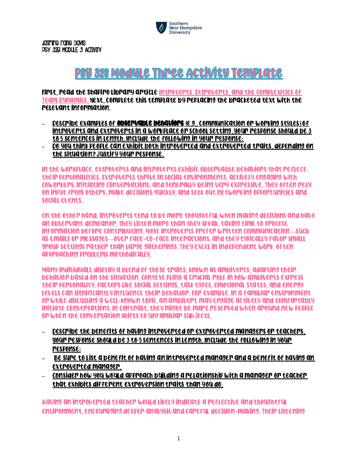 PSY328 Module 3 Activity - PSY 328 MODULE 3 ACTIVITY First, read the ...